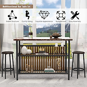 AWQM 3 Piece Bar Table Set with Storage, Kitchen Island with Seating Wooden Counter Height Table and Chairs Set, Brown
