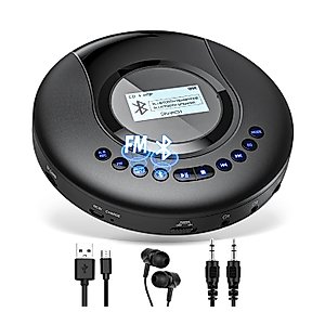 CD Player Portable ARAFUNA, Portable CD Player Bluetooth with FM Radio, 2000mAh Rechargeable CD Player for Car with LCD Screen, Anti Shock Protection Walkman CD Player with Headphone, AUX Cable