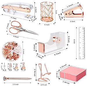 Rose Gold Office Supplies and Accessories, Acrylic Stapler, Staple Remover, Tape Holder, Pen Holder, Ballpoint Pen, Scissor, Binder Clips, Staples, Phone Holder, Ruler, Transparent Glue and 300 Notes