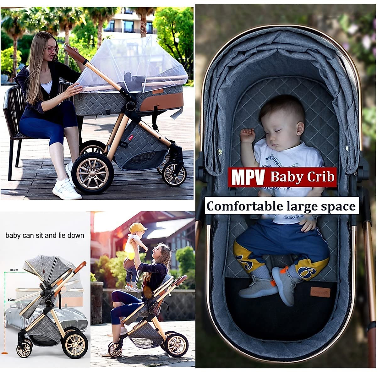 Shock Spring Stroller Compact 2 in 1 Infant Pram Baby Buggy|Folding|Adjustable Seat for Infant,Lightweight Pushchair Pram Stroller for 0-3 Years Kids (Color : Brown)