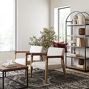 Nathan James Hudson Accent Living Room Chair, Comfy Reading Bedroom Chair, Mid-Century Wood Armchair, Upholstered Fabric and Leather Armrest, Set of 2