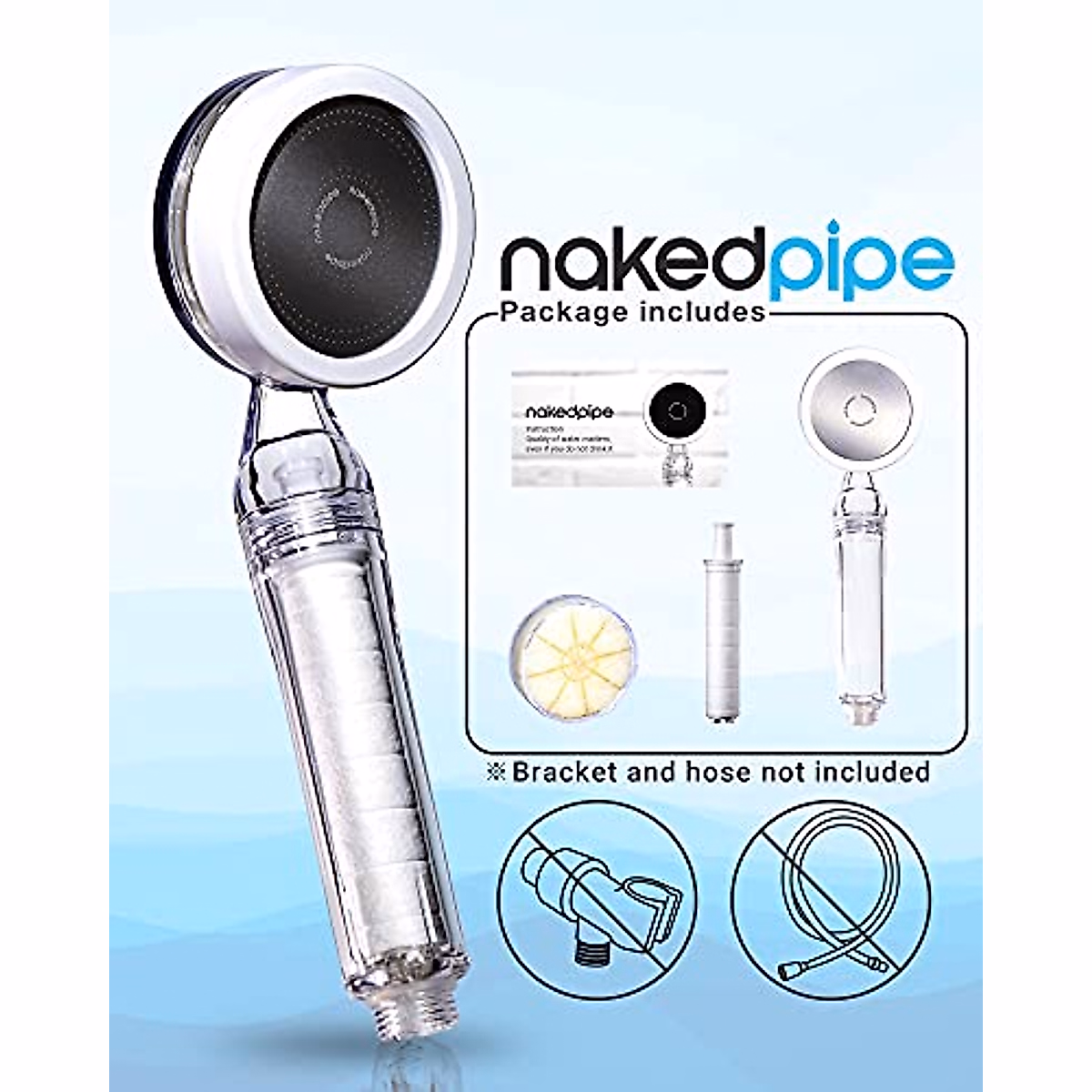 NAKEDPIPE Filtered Shower Head – Handheld High Pressure Showerhead, Softens Hard Water, Filters Chlorine & Fluoride, Helps Dry & Itchy Skin, Purifies Rust & Dust, Standard Fit, Easy Installation
