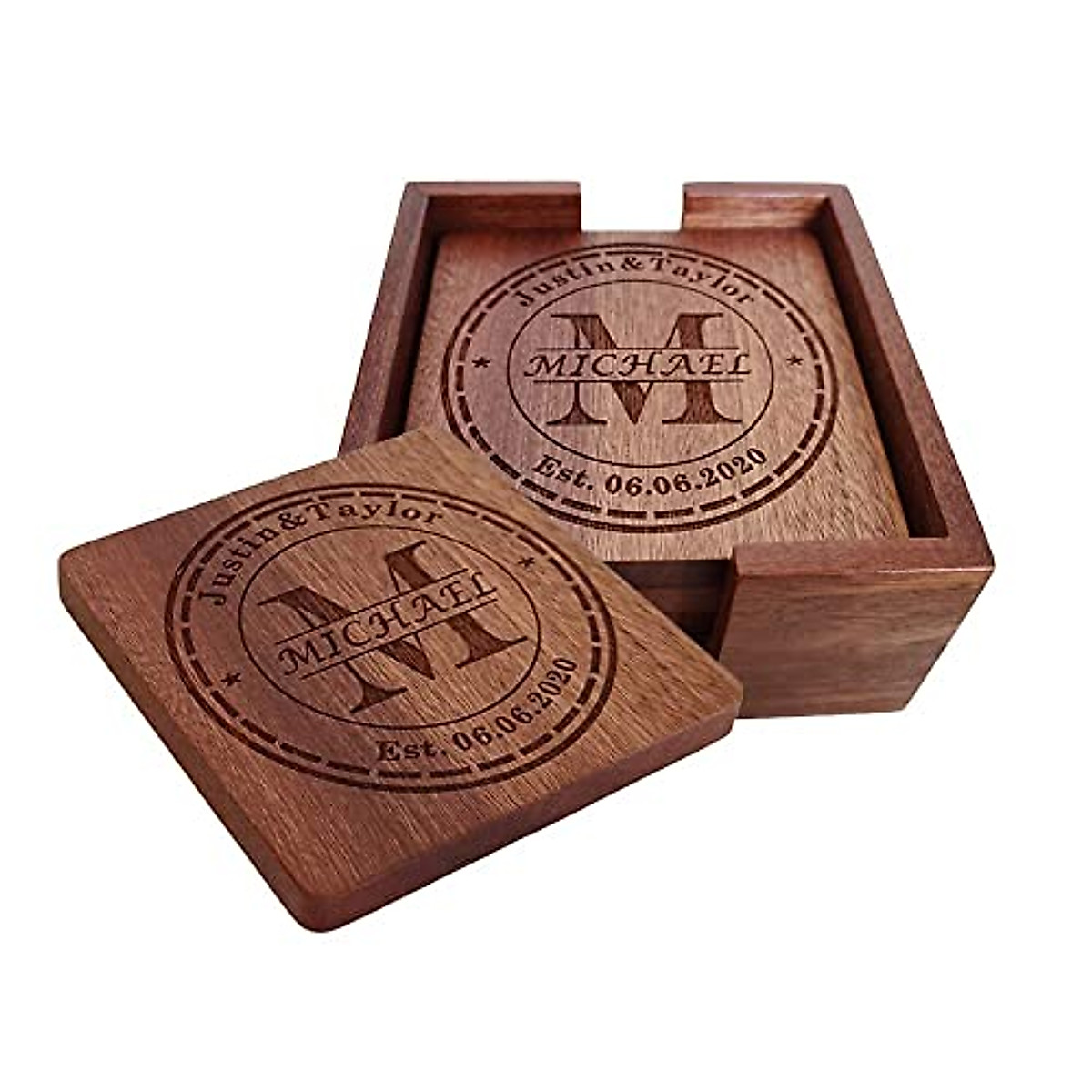 Personalized Coasters, Custom Engraved Wood Coasters for Drinks, Monogram Coasters with Holder, Wedding Gifts, Parents Gifts (M)