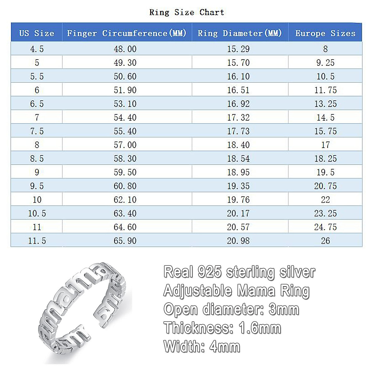 WIOY 925 Sterling Silver Adjustable Ring for Mother, Mama Daughter Statement Eternity Band, New Mom Gifts for Women, Size 7 to 9