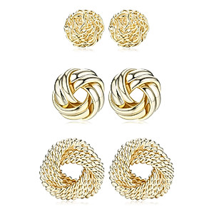 FIBO STEEL 3 Pairs Gold Knot Earrings For Women Men 14K Gold Plated Woven Ball Stud Earrings Simple Post earrings For Women Gold