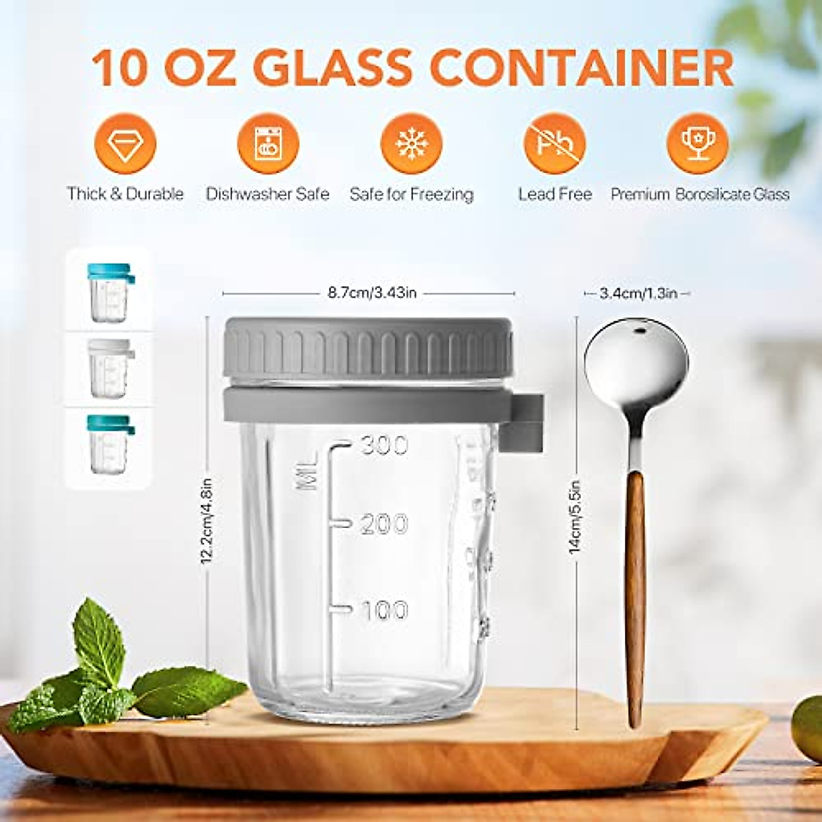 Overnight Oats Jars, Overnight Oats Container with Lids and Spoon 10 oz [2 Pack], Airtight Glass Jars with Measurement Marks, Glass Canisters Hold Yogurt, Nuts and Fruit Salad & More
