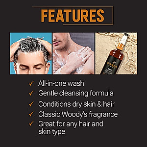 Woody's 3 in 1 Body Wash for Men - Shampoo, Conditioner, & Body Wash, Multipurpose Cleanser With Marine Extracts, Cucumber Fruit Extract, and Aloe Vera - 32 Fl Oz
