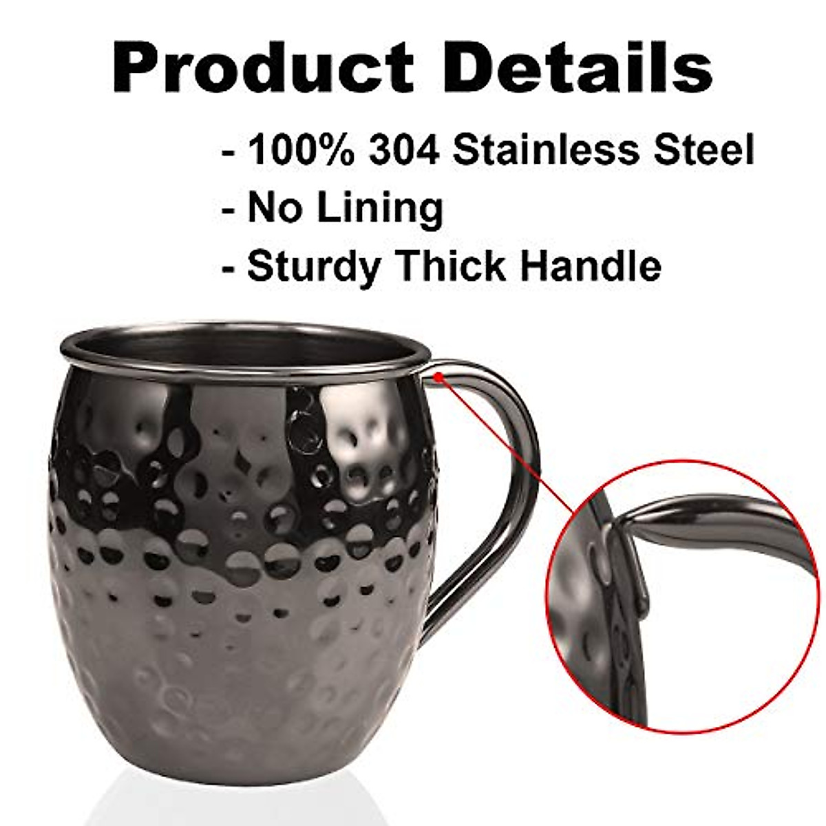 DUNCHATY Moscow Mule Mugs Set of 4, Gift Set Black Mule Mugs Pure Solid Hammered Stainless Steel Mule Mug for Drinking, 16OZ Food Safe 100% Handcrafted Moscow Mule Kit