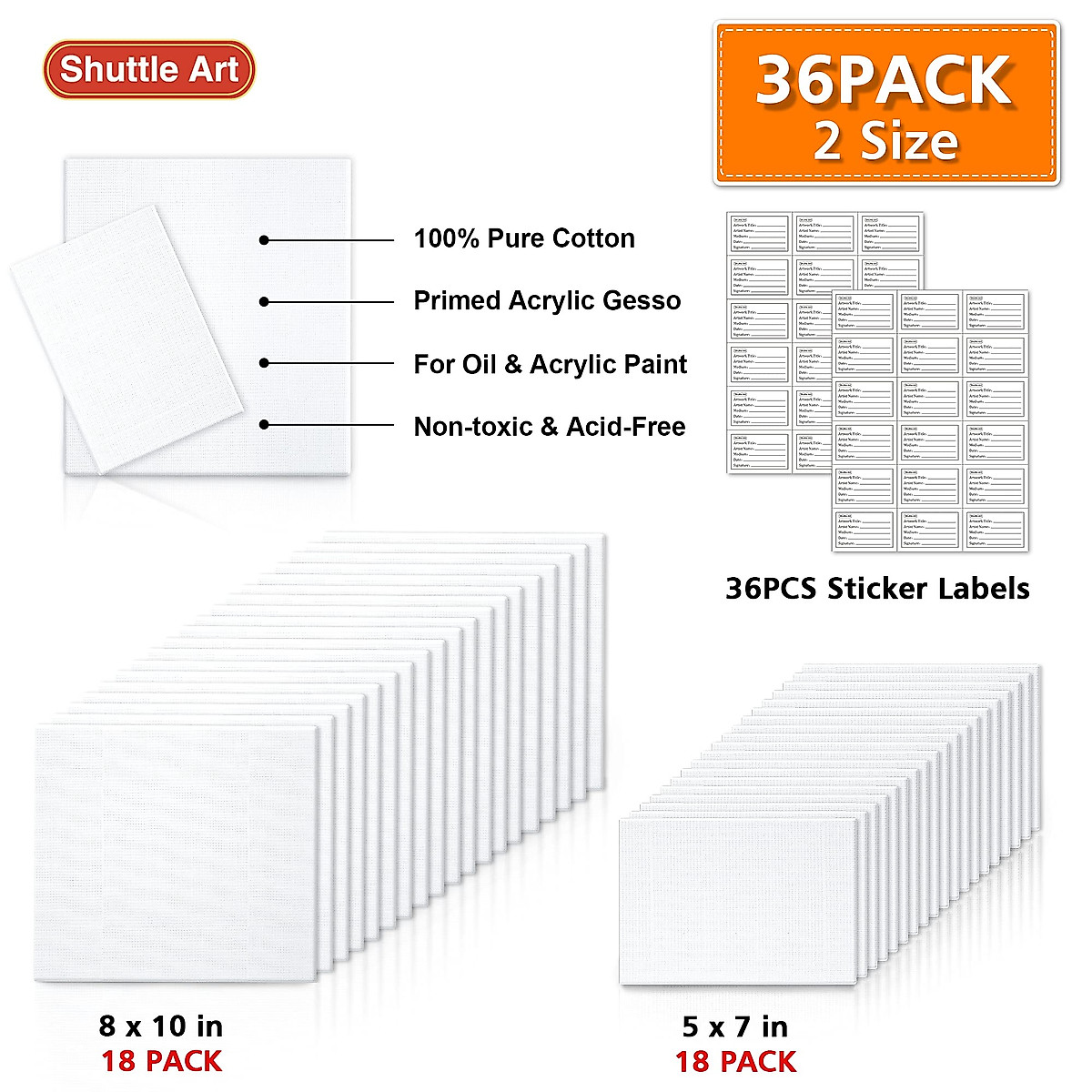 Shuttle Art Painting Canvas Panels, 36 Pack, 5x7, 8x10in (18 of Each), 100% Cotton, Primed White Canvas Boards for Painting, Blank Canvases for Kids, Adults & Artists for Acrylic and Oil Painting