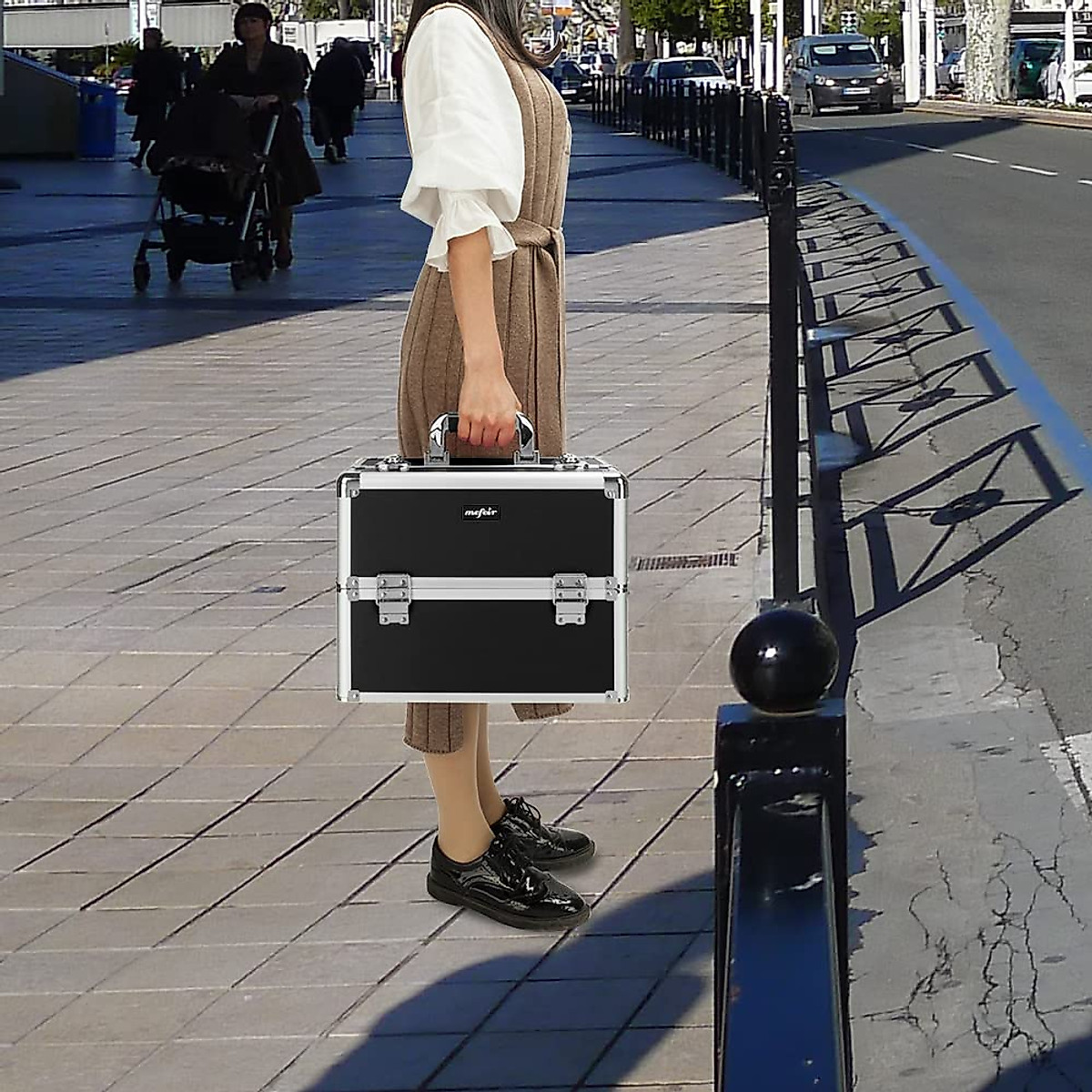 mefeir 3 in 1 Rolling Makeup Train Case, Aluminum Makeup Travel Organizer Cosmetic Case, Cosmetology Display Suitcase on Wheels, Beauty Storage Luggage Lockable w/4 Removable Wheels, Black