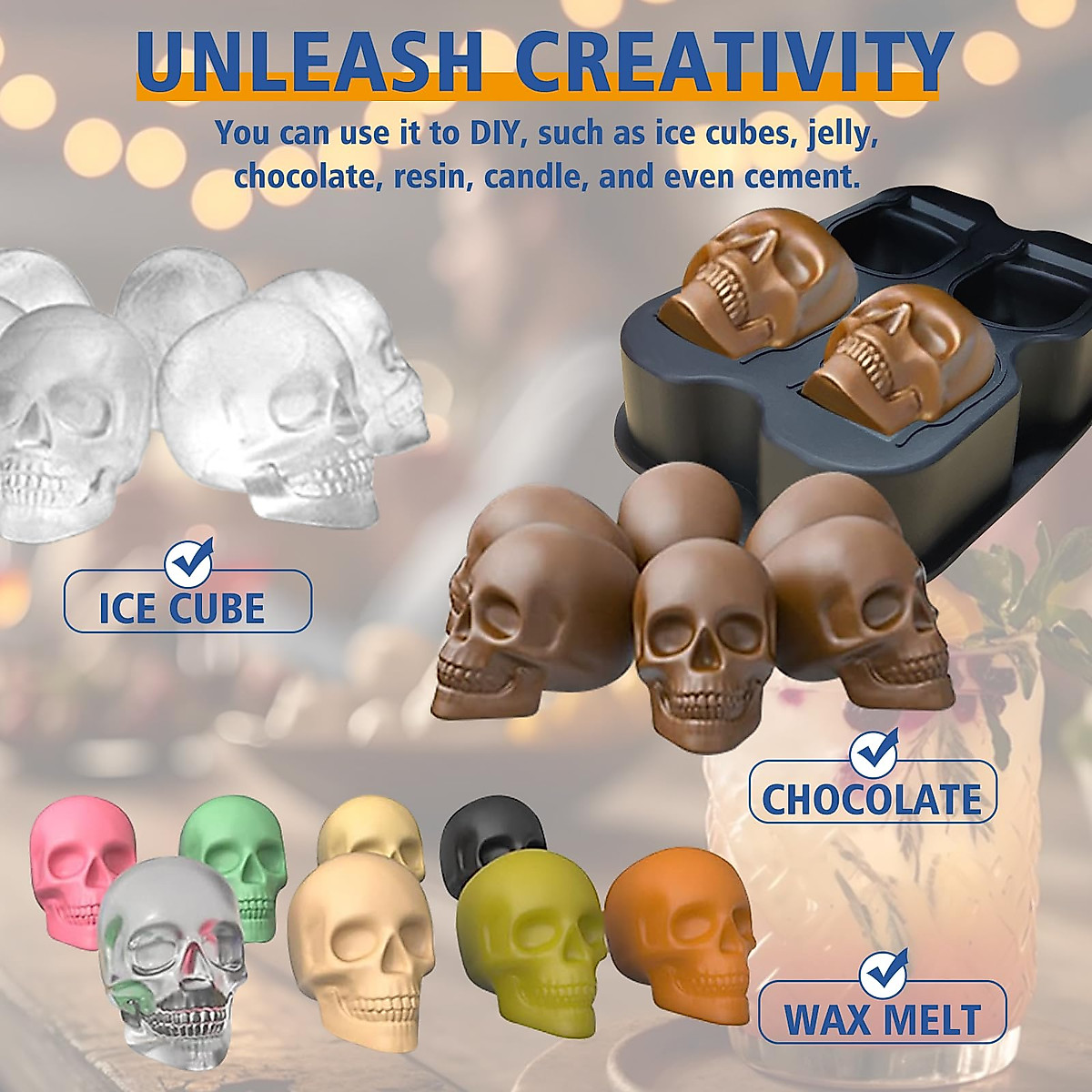 ice Cube Trays Silicone (Set of 4) Whiskey Ice Ball Mold, Large Ice Ball Maker Mold, grimace Ice Cube Mold, Halloween Ice Cube Mold, Tray for Cocktails & Bourbon Easy Release BPA Free (Black)