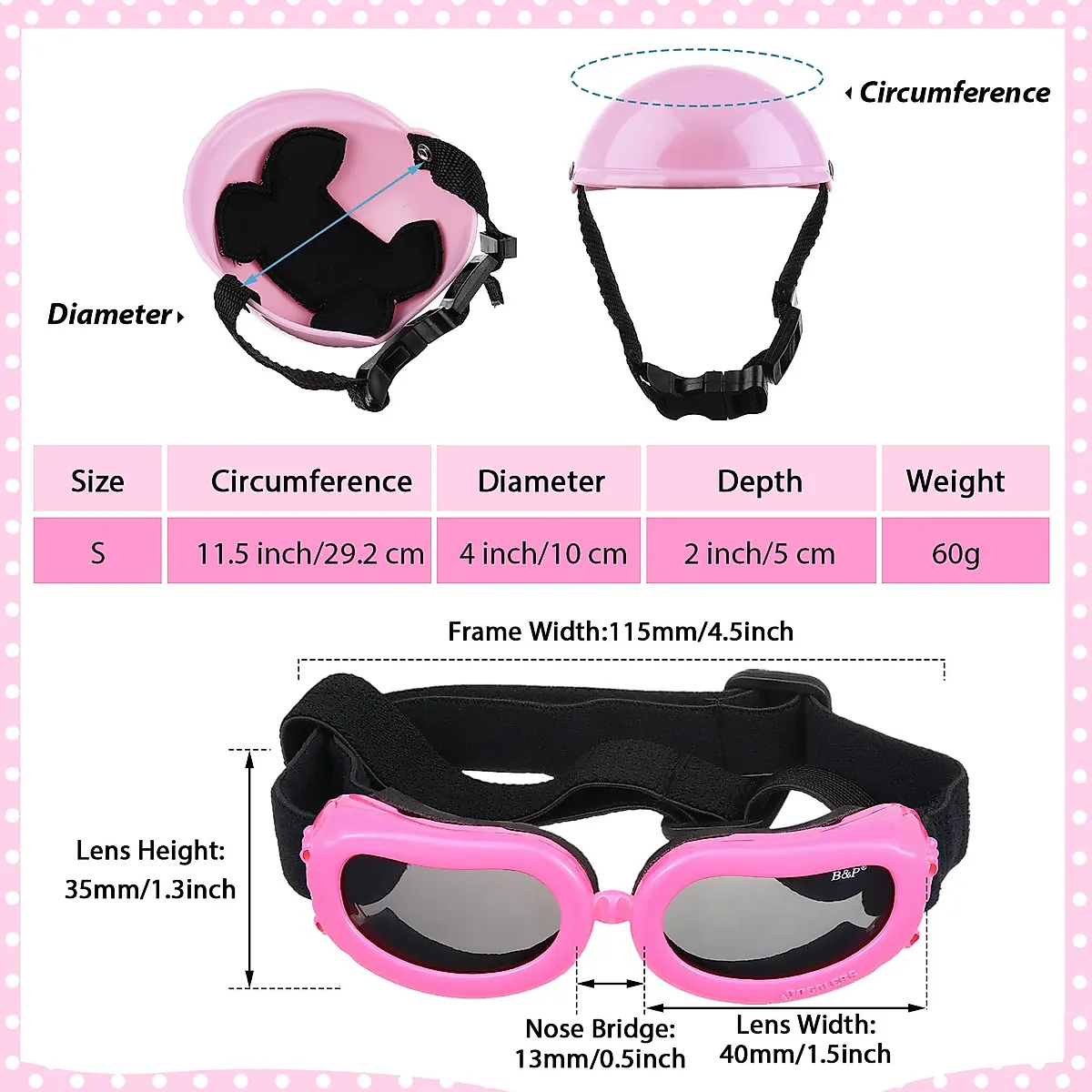 Pet Dog Helmet and Dog Goggles Set 4 Inch Padded Puppy Motorcycle Helmet Sunglasses Safety Cap Hard Hat Adorable Puppy Goggles with Adjustable Belt for Small Pet Riding, S Size(Pink)