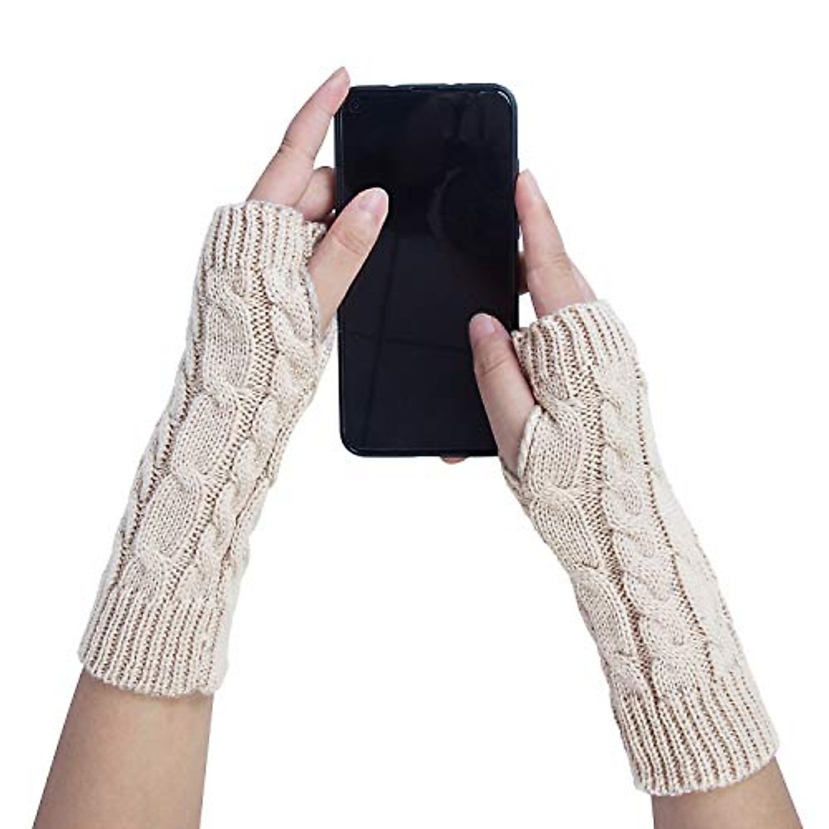 Loritta 4 Pairs Womens Fingerless Gloves Winter Warm Knit Crochet Thumbhole Arm Warmers, Beige/Light Grey/Dark Grey/Black