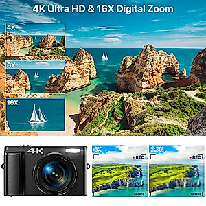 Vlogging Camera, 4K 48MP Digital Camera for Photography with 3” 180 Degree Flip Screen, Autofocus Vlogging Camera for YouTube with 16X Digital Zoom, 32G SD Card, 2 Batteries & Battery Charger