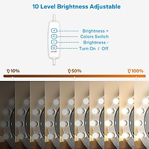 LED Vanity Lights for Mirror, Vanity Lights Stick on with 10 Dimmable Bulbs, 3000K 4000K 6500K & 10 Level Brightness Adjustable, USB Cable, Hollywood Mirror Lights for Makeup Dressing Room Bathroom