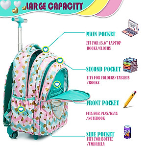 Meetbelify Girls Rolling Backpack Kids Backpacks with Wheels Travel Luggage for Elementary Students Trip Suitcase with Lunch Box for School