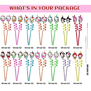 28Pcs Cute Kitty Party Favors Reusable Drinking Straws, 14 Designs Cartoon Birthday Party Supplies with 2 Cleaning Brush