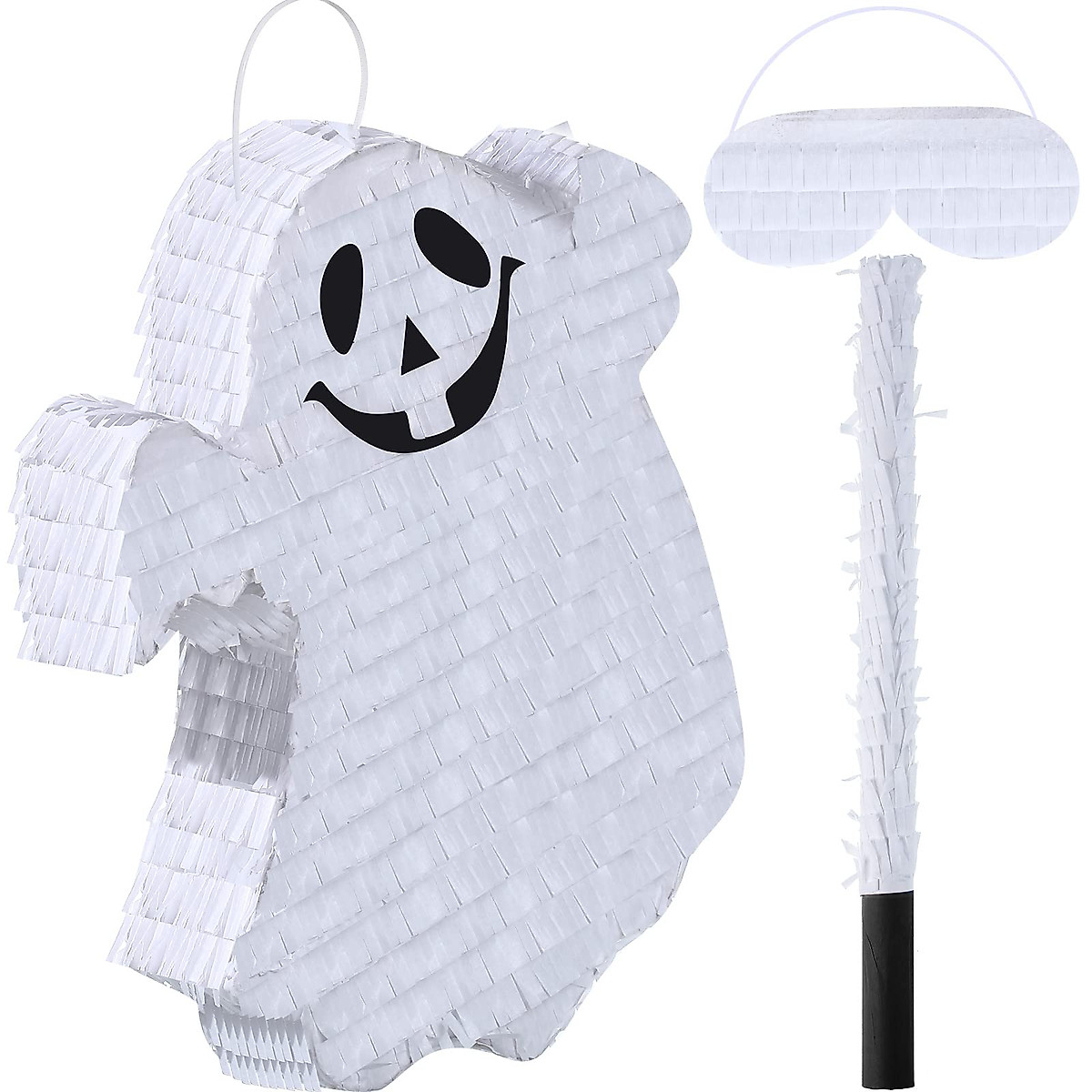 Halloween Ghost Piñata Spooky White Ghost Piñata with Stick and Blindfold Halloween Hanging Decoration Mexican Piñata for Kids Birthday Game Halloween Party Supplies
