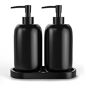 FoverOne 2 Pack Soap Dispenser Set with Tray & Waterproof Labels, 14.5Oz Resin Hand Soap Dish Soap Body Lotion Refillable Dispensers for Kitchen Sink Bathroom Vanity - Black