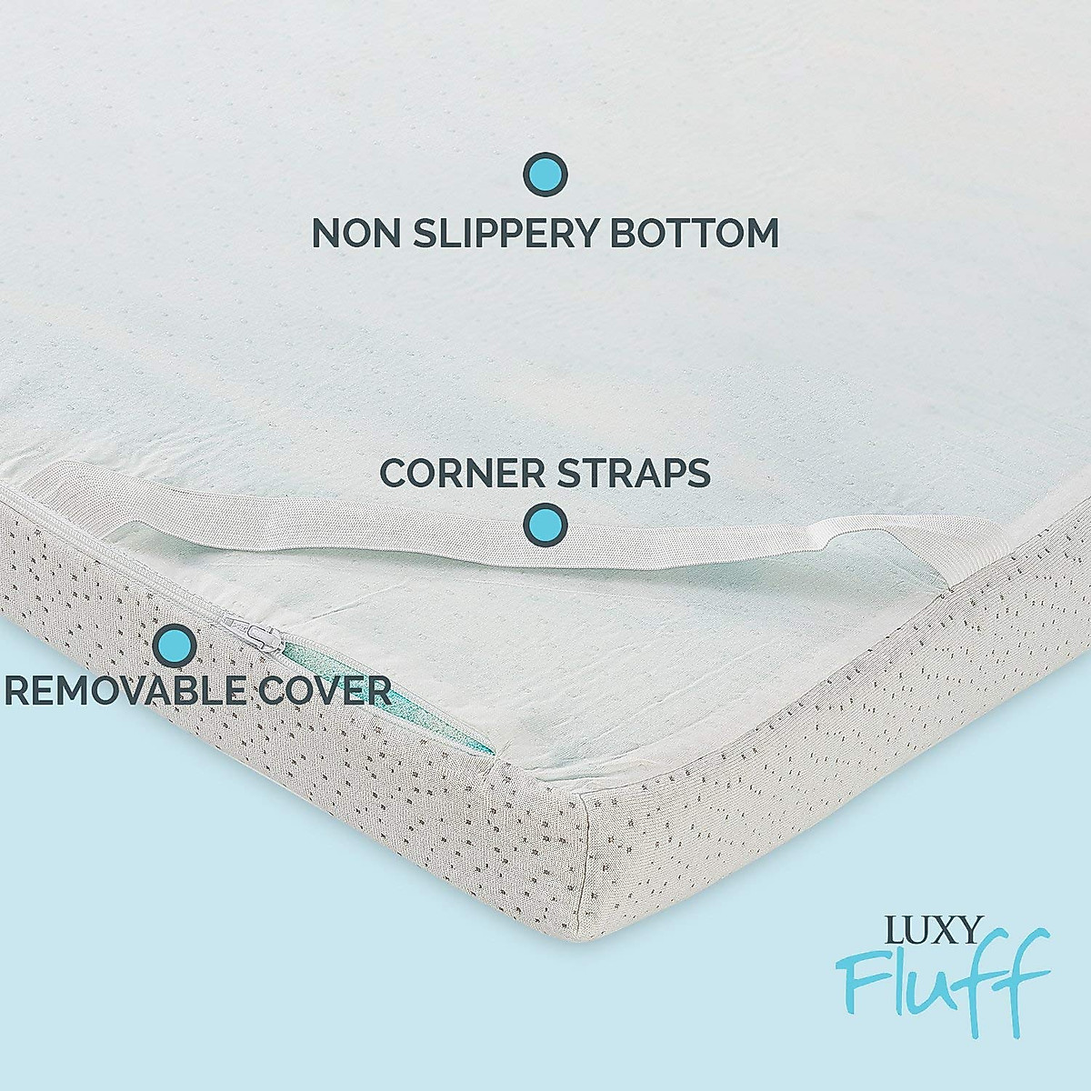 LuxyFluff 2-Inch Gel-Infused Memory Foam Mattress Topper for Cribs and Toddler beds, with Added Ventilated Removable Washable Bamboo Cooling Cover and Corner Straps – 52”x27”x2”