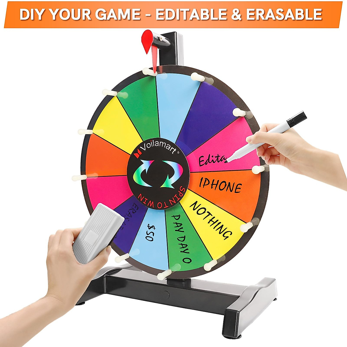 Voilamart 12" Tabletop Spinning Prize Wheel 12 Slots with Durable Plastic Base, Dry Erase, 2 Pointer, for Fortune Spin Game in Party Pub Trade Show Carnival