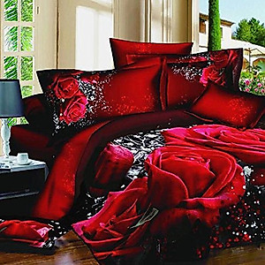 Longji 3D Oil Painting red Rose Bedding Set Queen King Size Comforter Bag Duvet Cover Set (Size : Queen 4pcs Duvet Cover 200x230cm)