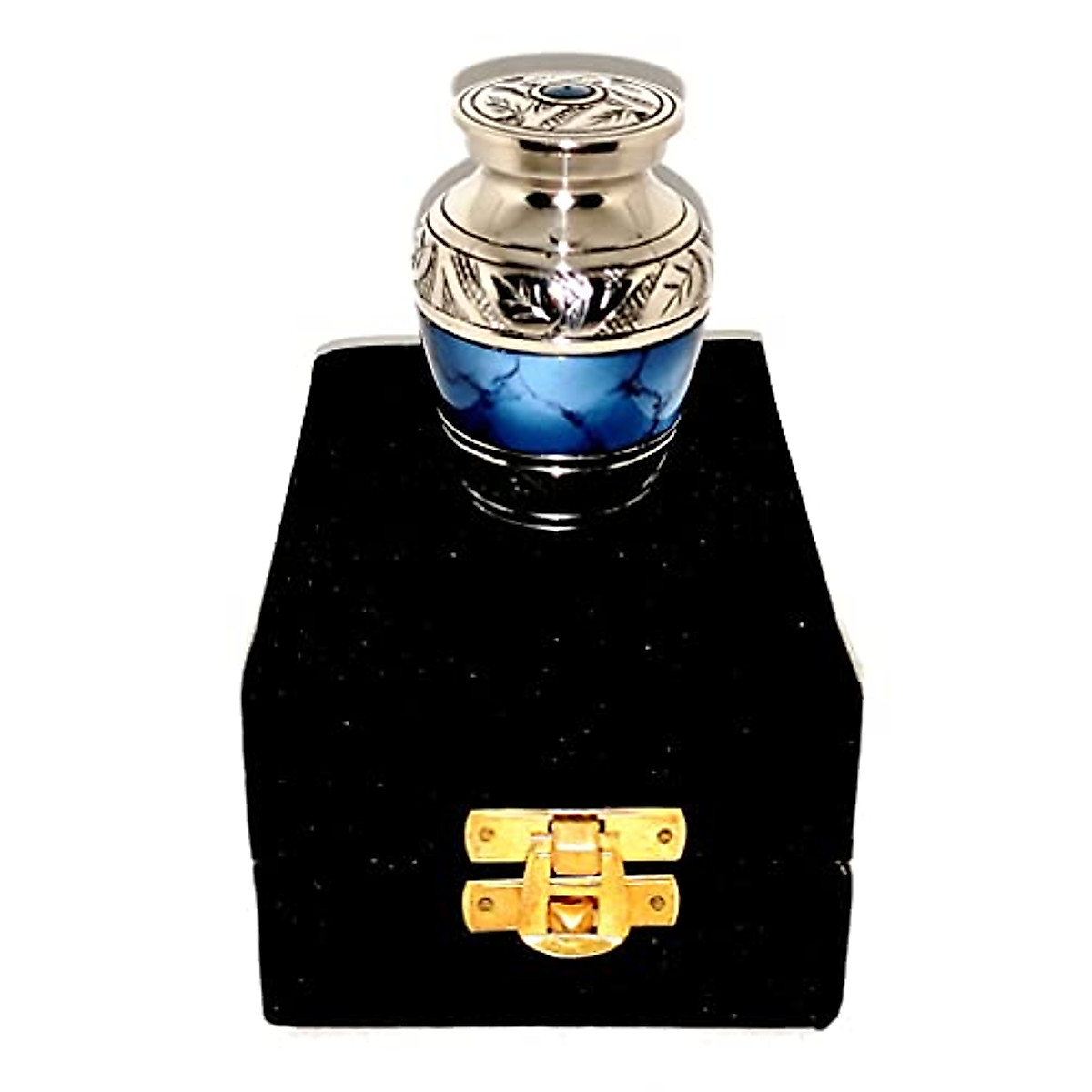 AKANKSHA ARTS Classic Small Mini Cremation Keepsake Urn for Human Ashes – with Box and Velvet Box - 2.6 inch - Blue Fire Design - Made of Brass