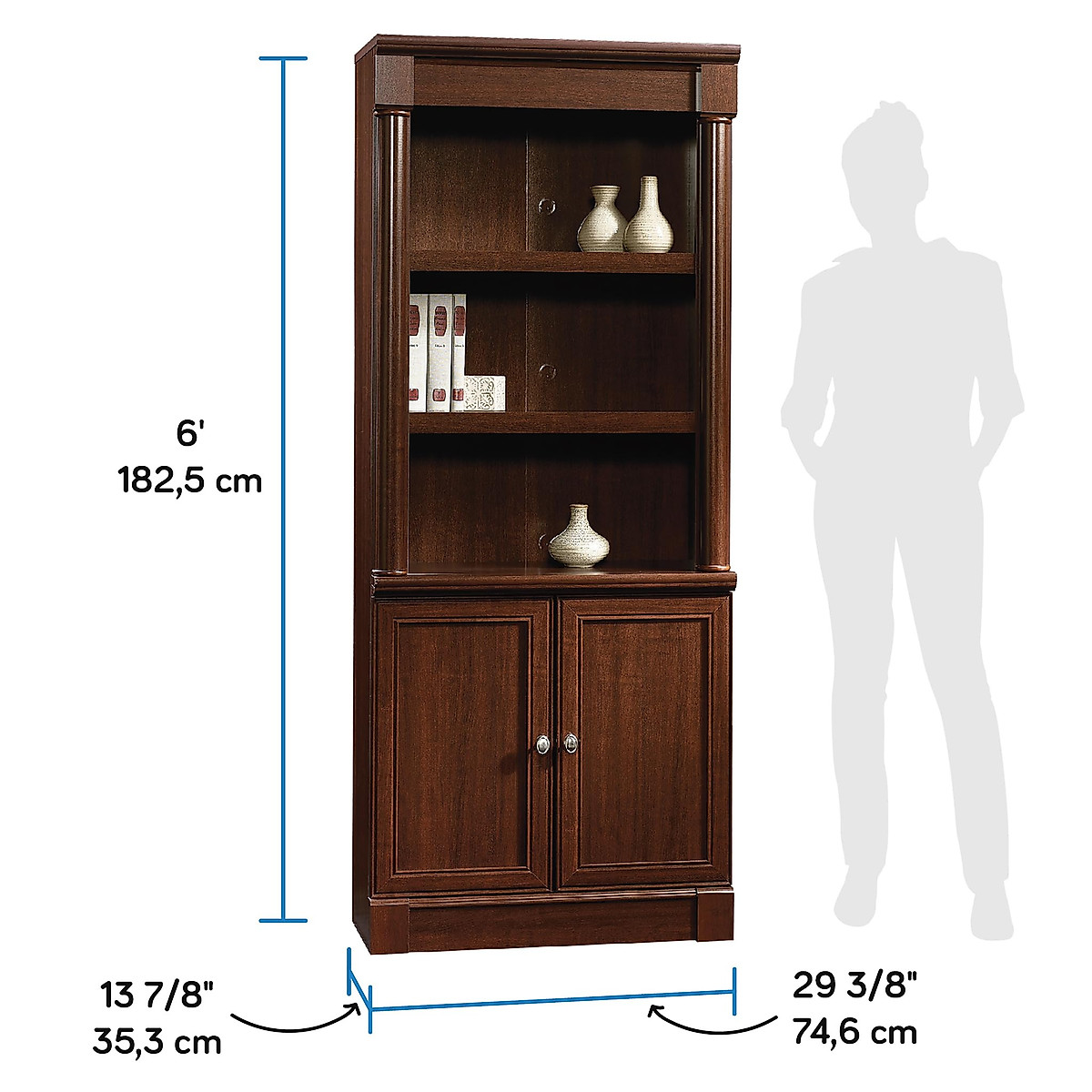 Sauder Palladia Book Shelf, Bookshelf with Storage, Library Bookcase with Doors and Adjustable Shelves, L: 29.37" x W: 13.90" x H: 71.85", Select Cherry
