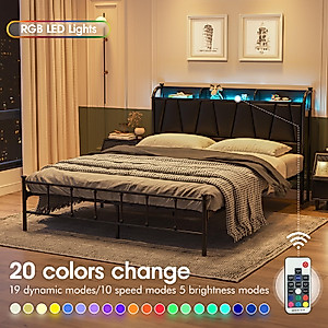 Halitaa Black Queen Bed Frame with Led Lights and Charing Station,Upholstered Headboard with Storage Shelves,Farmhouse Platform Bed,No Box Spring Needed