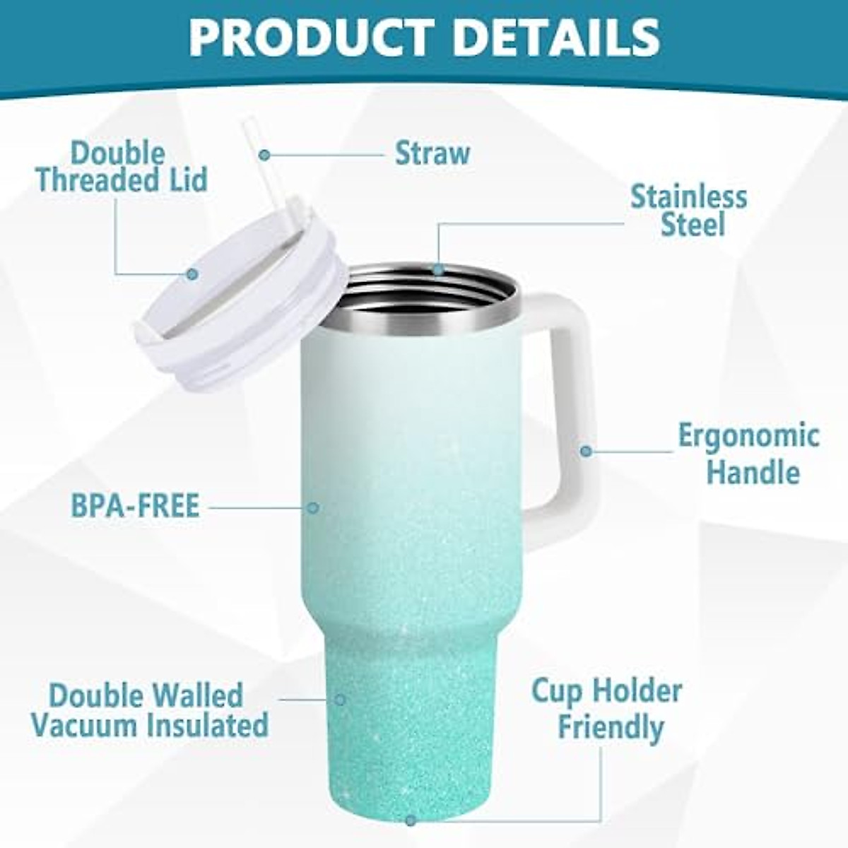 Caikeny Insulated Tumblers with Lid and Straw Blue Turquoise Teal Glitter 40 oz Reusable Stainless Steel Cup Water Bottle Coffee Travel Tumbler Mug for Women Men