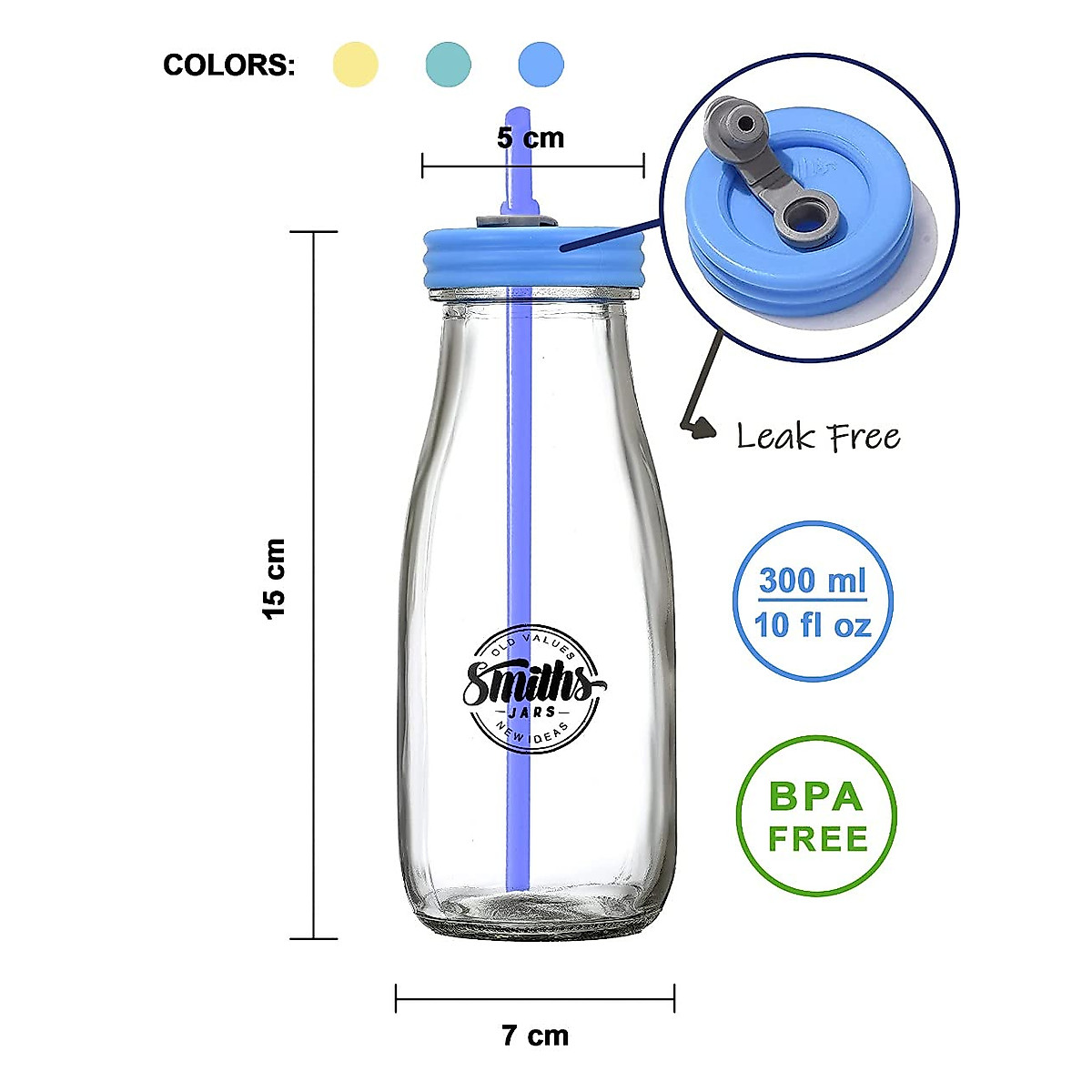 Smiths Mason Jars Set of 9 Mini Glass Milk Bottles 300ml Splash Proof Lids and Reusable Drinking Straws for Kids | General Use Kids Home