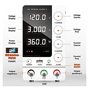 DC Power Supply, 120V 3A USB DC Switching Power Supply Lab Adjustable Voltage Regulator 30V 10A Stabilizer Switch Bench Power Source,Electroplating DIY(GU-SPS-C1203-White)