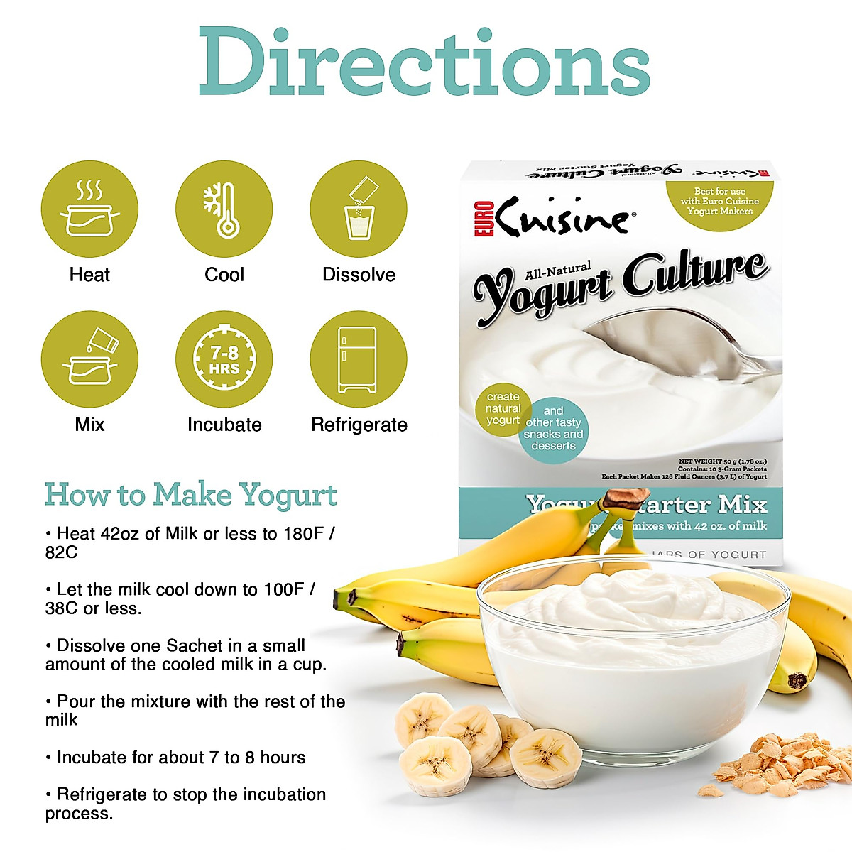 Euro Cuisine RI1020 All Natural Yogurt Culture Starter – Perfect for Dairy Free, Whole Milk, Protein Yogurt – Probiotic Yogurt Pouches for Smooth, Creamy Homemade Yogurt