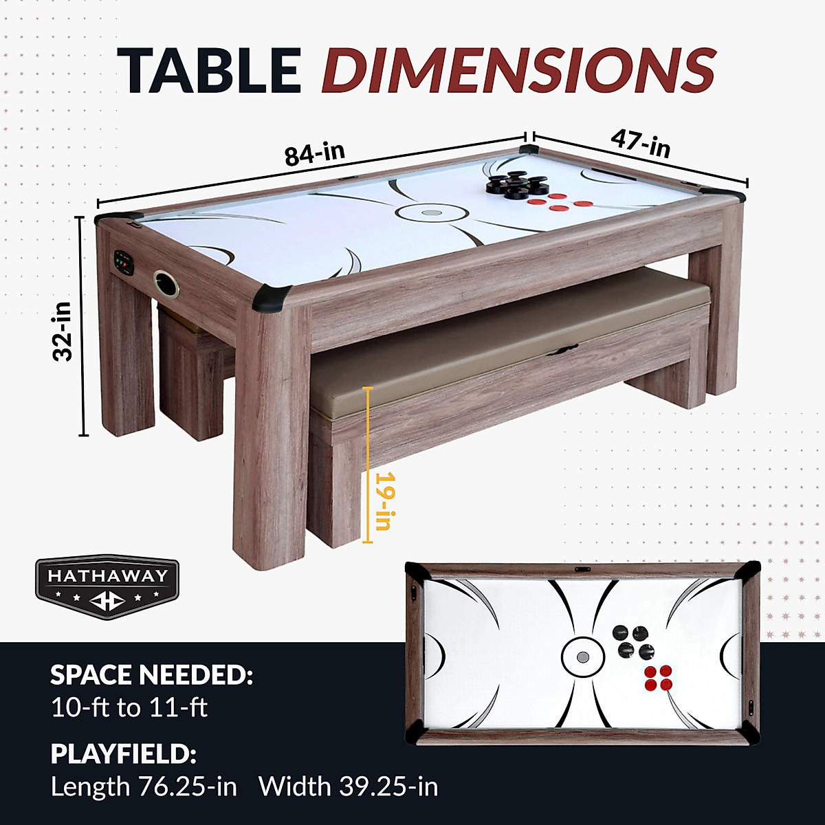 Hathaway Driftwood 7 Ft Air Hockey Table for Home Game Room - with Table Tennis Top, Dining Surface, Electronic Scorer, Two Storage Benches, High-Output Blower, Strikers & Pucks - Driftwood Finish