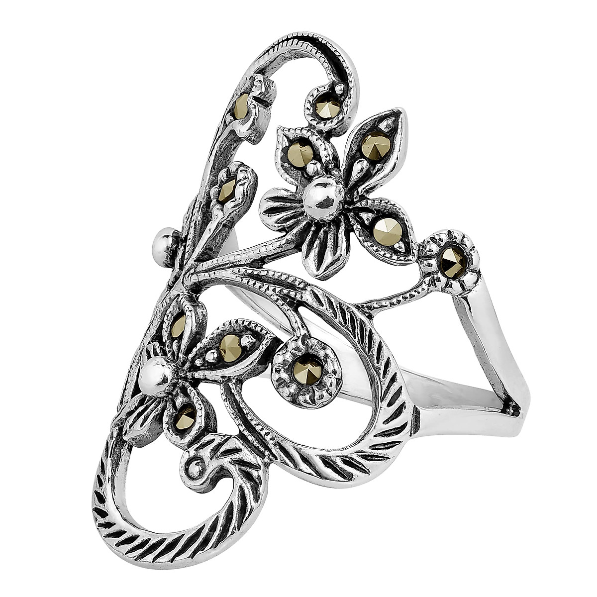 AeraVida Beautiful Marcasite Style Detailed Pyrite Flower Vine .925 Sterling Silver Ring for Women - Size 9