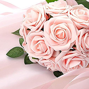 Mocoosy 50pcs Artificial Rose Flowers, Pink Roses Blush Real Touch Foam Fake Rose Bulk with Stem for Wedding Bouquets Centerpieces Wedding Shower Party Home DIY Decoration