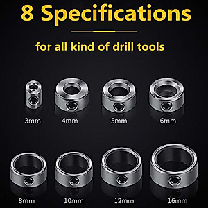 Rocaris Drill Stop Bit Collar Set – Kit Includes: 1/8", 3/16”, 1/4”, 5/16”, 3/8”, 7/16”, 1/2” and 5/8” Inch with Allen Wrench to Tighten The Stops Set-Screws (8-Piece)