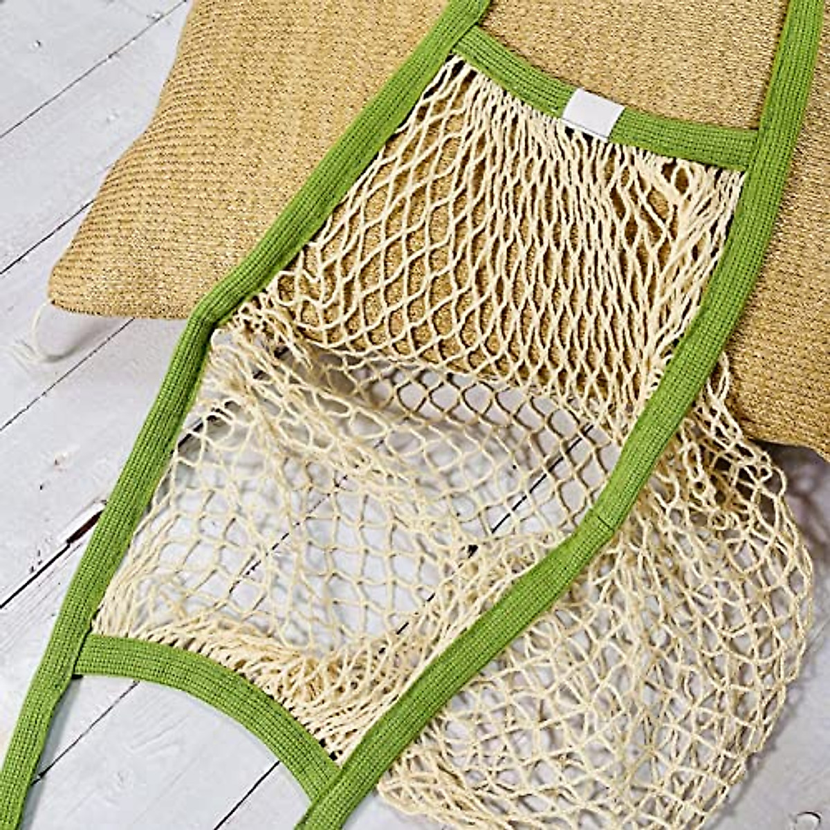 Green Handle US - Mesh Net Bag with Long Shoulder Handle Bag Stretchable Reusable for Grocery Shopping Beach Toys Storage (Green Handle)