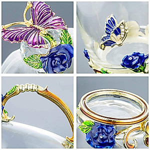 Glass Tea Cup Coffee Mug, Handicraft 3D Vintage Flower Cup with Lid Coaster and Tea Spoon, Unique Butterfly and Blue Rose Enamel Design, Best Gift Decoration (350ml, 11.84 oz)