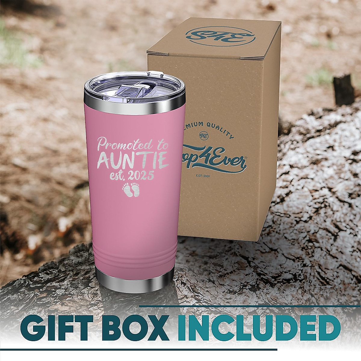 shop4ever Promoted to Auntie Est. 2025 Tumbler Insulated Tumbler 20 oz. with Lid, Stainless Steel Cups Travel Coffee Mug New Aunt Baby Announcement Gift (Light Pink)