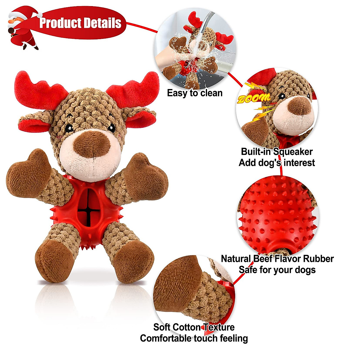 Malier Christmas Squeaky Dog Toys, Durable Latex Rubber Dog Chew Bite Toy Stuffed Dog Toys, Funny Interactive Dog Toys with Crinkle Paper for Puppy Small Medium Pets Dogs (Elk)