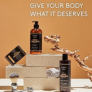 Barrel and Oak - All-In-One Body Wash, Men's Face, Hair, & Body Wash, Natural Exfoliator & Moisturizer, Hydrates Hair & Beard, Fragrant Amber Scent, Certified Organic (Spiced Sandalwood, 16oz)