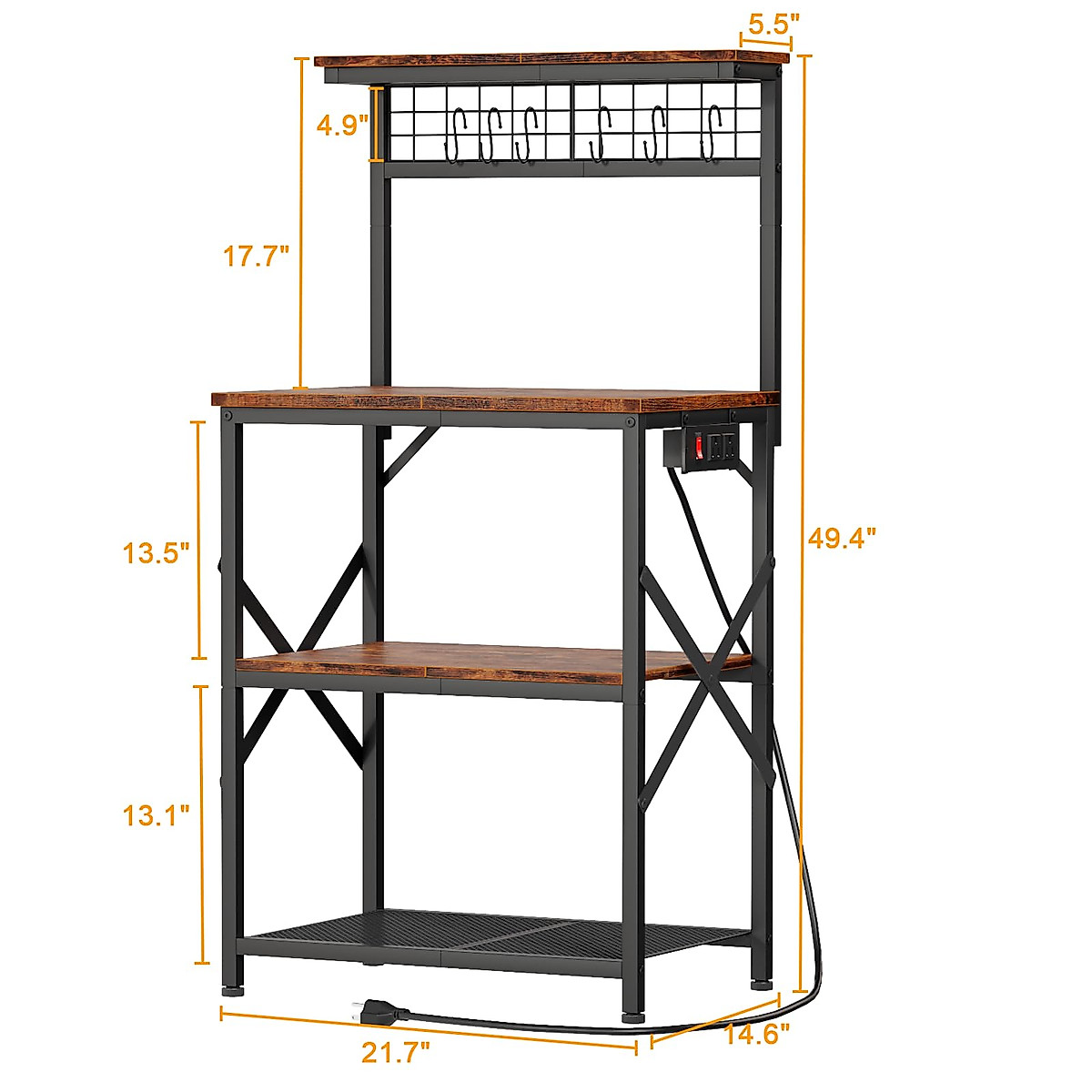 Furologee Kitchen Bakers Rack with Power Outlet, Microwave Oven Stand with Storage 4 Tiers, Coffee Bar Table with 6 S Hooks, Kitchen Storage Shelf Rack for Spices, Pots, Rustic Brown
