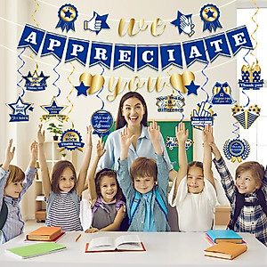CHUNNIN We Appreciate You Banner Decorations Blue Gold Thank You Hanging Swirls Sign Employee Appreciation Streamer for Pastor Staff Teacher Retirement Doctor Nurse Thanksgiving Party Supplies