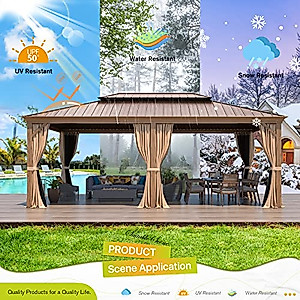 MELLCOM 14' x 20' Hardtop Gazebo, Wooden Finish Coated Aluminum Frame Gazebo with Galvanized Steel Double Roof, Brown Metal Gazebo with Curtains and Nettings for Patios, Gardens, Lawns