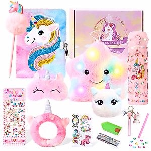 Unicorn Gifts for Girls, 10 PCS Unicorn Toys with Light Up Star Pillow Plush Diary DIY Water Bottle Kits for Girls' Birthday, Christmas and Halloween, Rainbow Unicorn Gift Set for 3-12 Years Old Girls