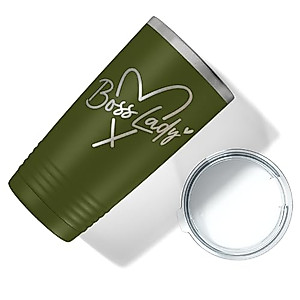 Boss Lady Big Heart Tumbler Birthday Gifts for Women, Coworker, Boss on Army Green 20 oz Stainless Steel Insulated Cup with Lid - Travel Mug for Mom