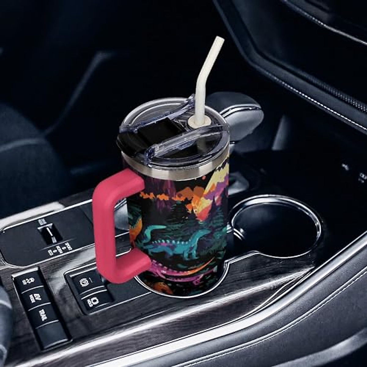 LLUTSNTH 40 Oz Vacuum Tumbler with Light Rose Red Handle Leakproof Insulated Tumbler Colorful Dinosaurs Stainless Steel Travel Mug with Lid And Straw Coffee Cup Cute Water Bottles Cup Holder Friendly