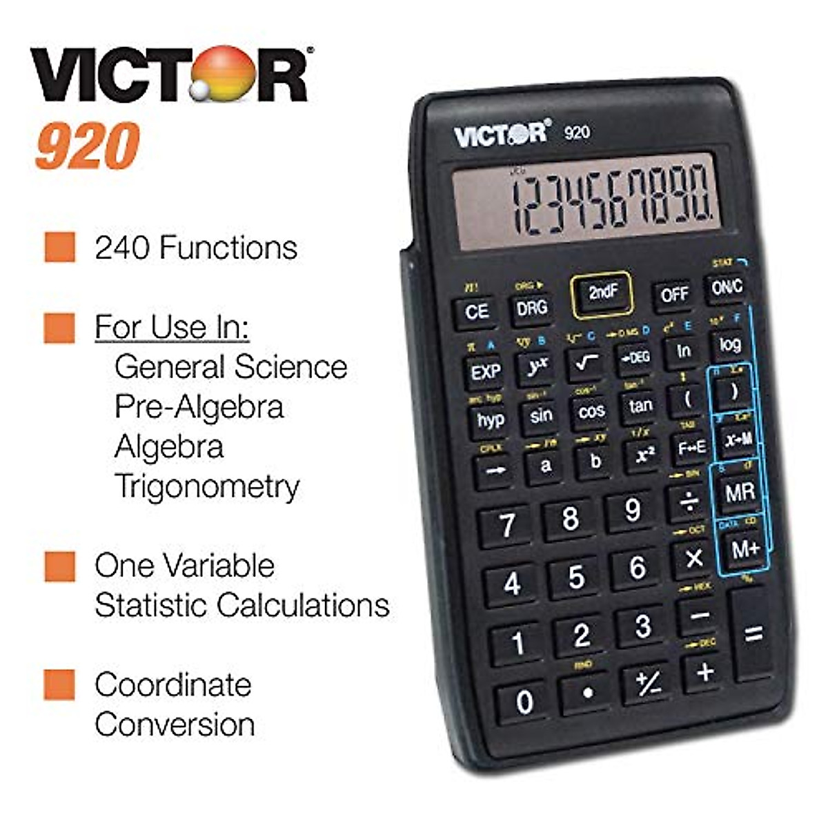 Victor 920 Compact Scientific Calculator with Hinged Case, 10-Digit LCD