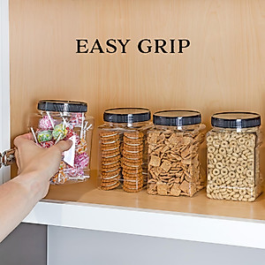 32oz Square Plastic Jars (4-Pack, Quart); Clear Rectangular 4-Cup Canisters w/Black Lids, Easy-Grip Side